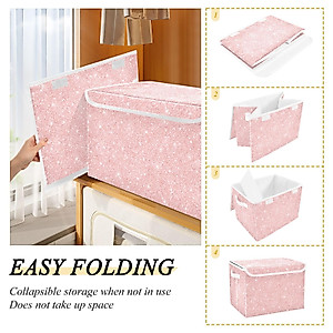 Ollabaky Pink Glitter Larger Foldable Storage Bin Fabric Decorative Storage Box Cube Organizer Container Baskets with Lid Handles for Closet Organization, Shelves