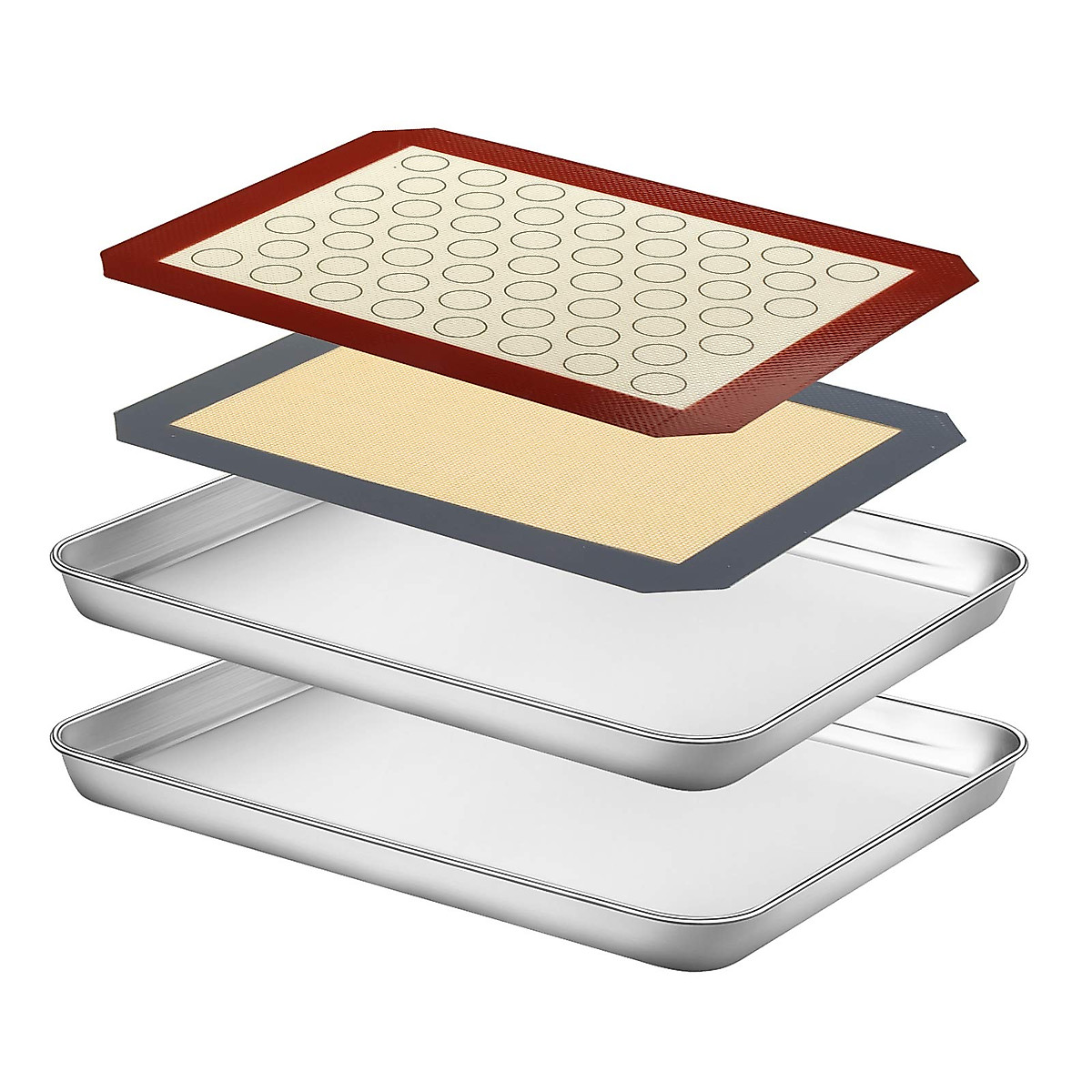 Baking Sheet with Silicone Mat Set, Yododo Set of 4 (2 Sheets + 2 Mats), Stainless Steel Cookie Sheet Baking Pan Tray with Silicone Mat, Non Toxic & Heavy Duty & Easy Clean - Size of 12 inch