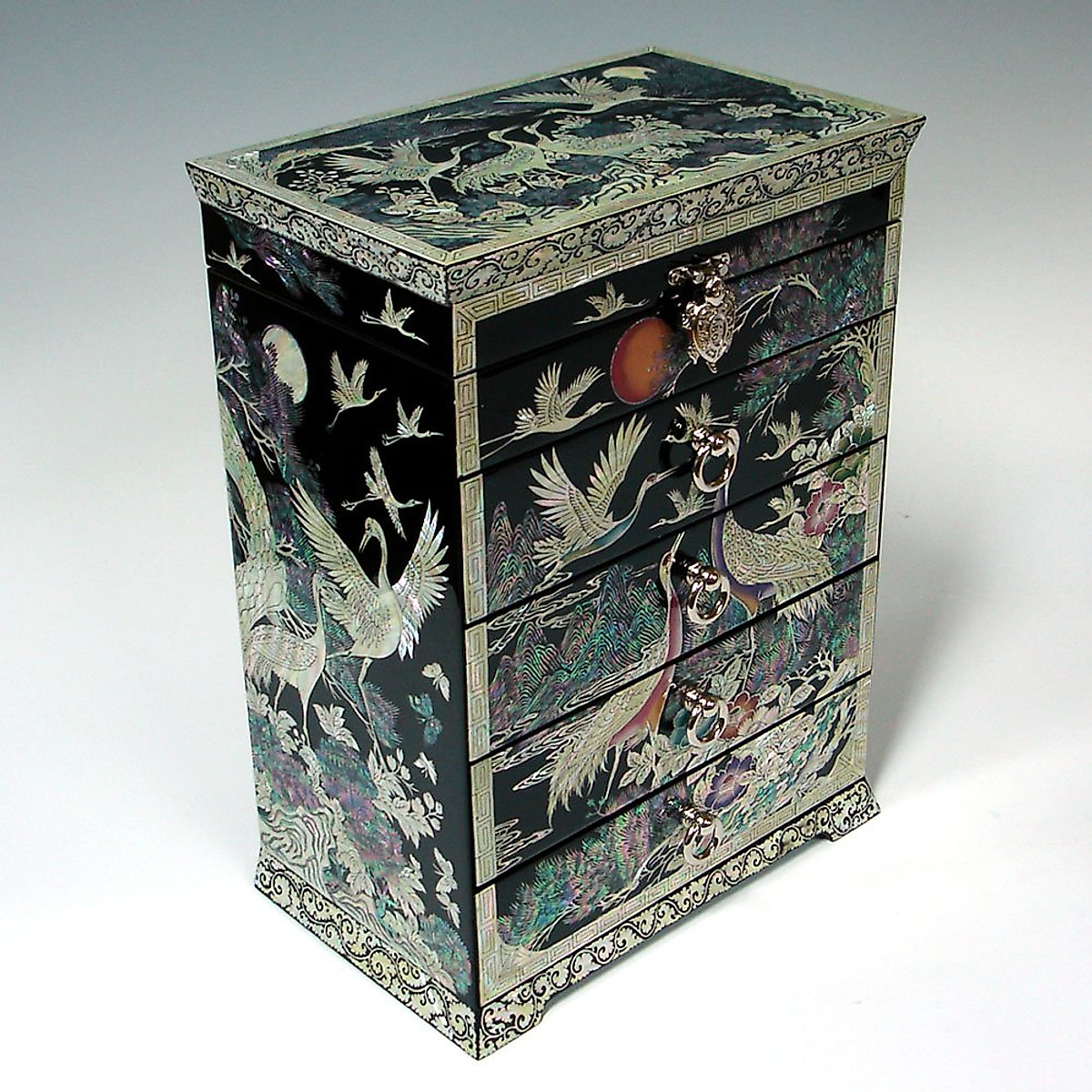 Antique Alive Mother of Pearl Inlay Design Jewelry Box, Wood Jewelry Box, Trinket Case, Keepsake Treasure Chest Box Organizer Holder (Pine Black)