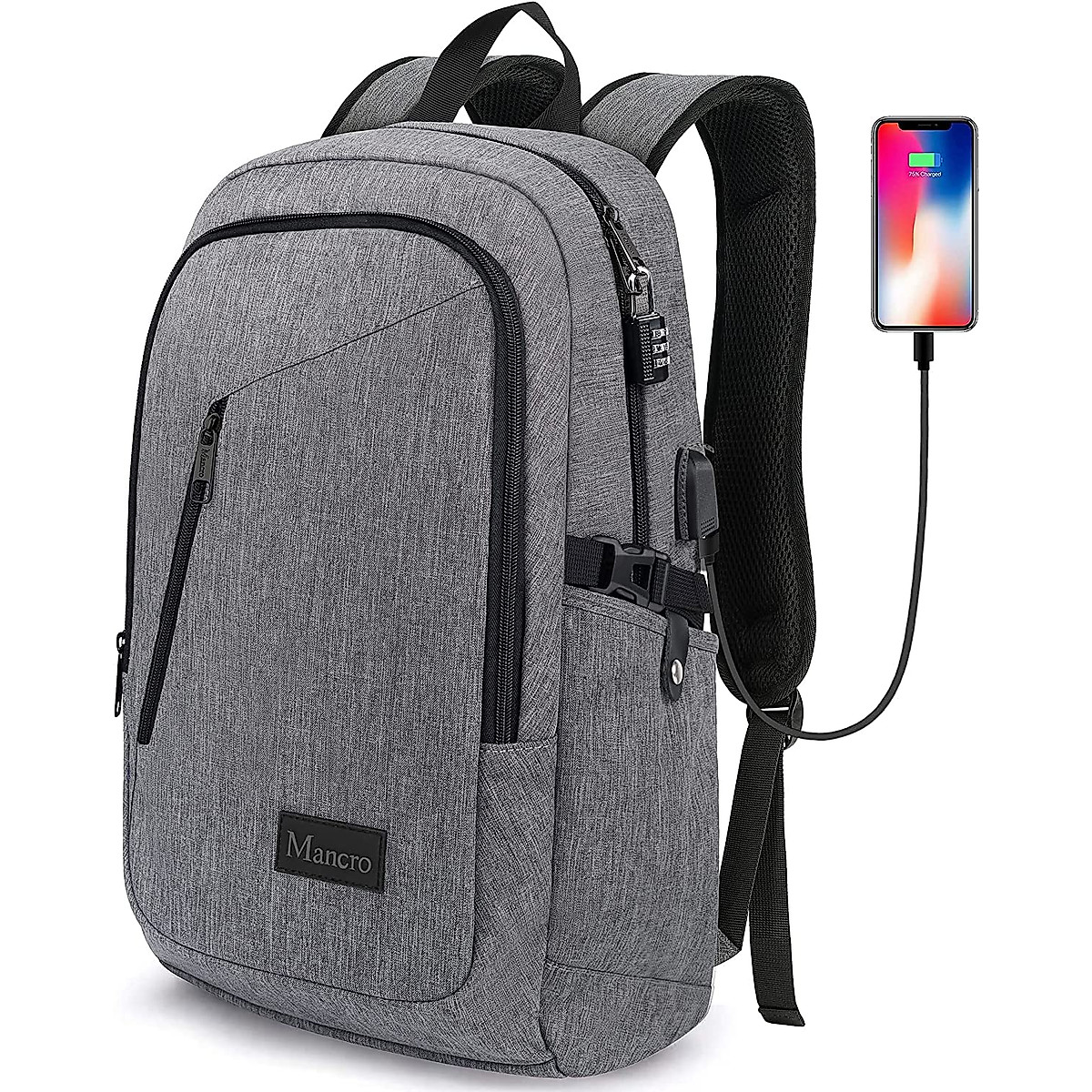 Mancro Laptop Backpack for Travel, 15.6 in Anti-Theft Business College School Bookbag for Men Women with USB Charging Port & Lock, Gifts for Teenage, Water Resistant Travel Computer Bag Daypack, Grey