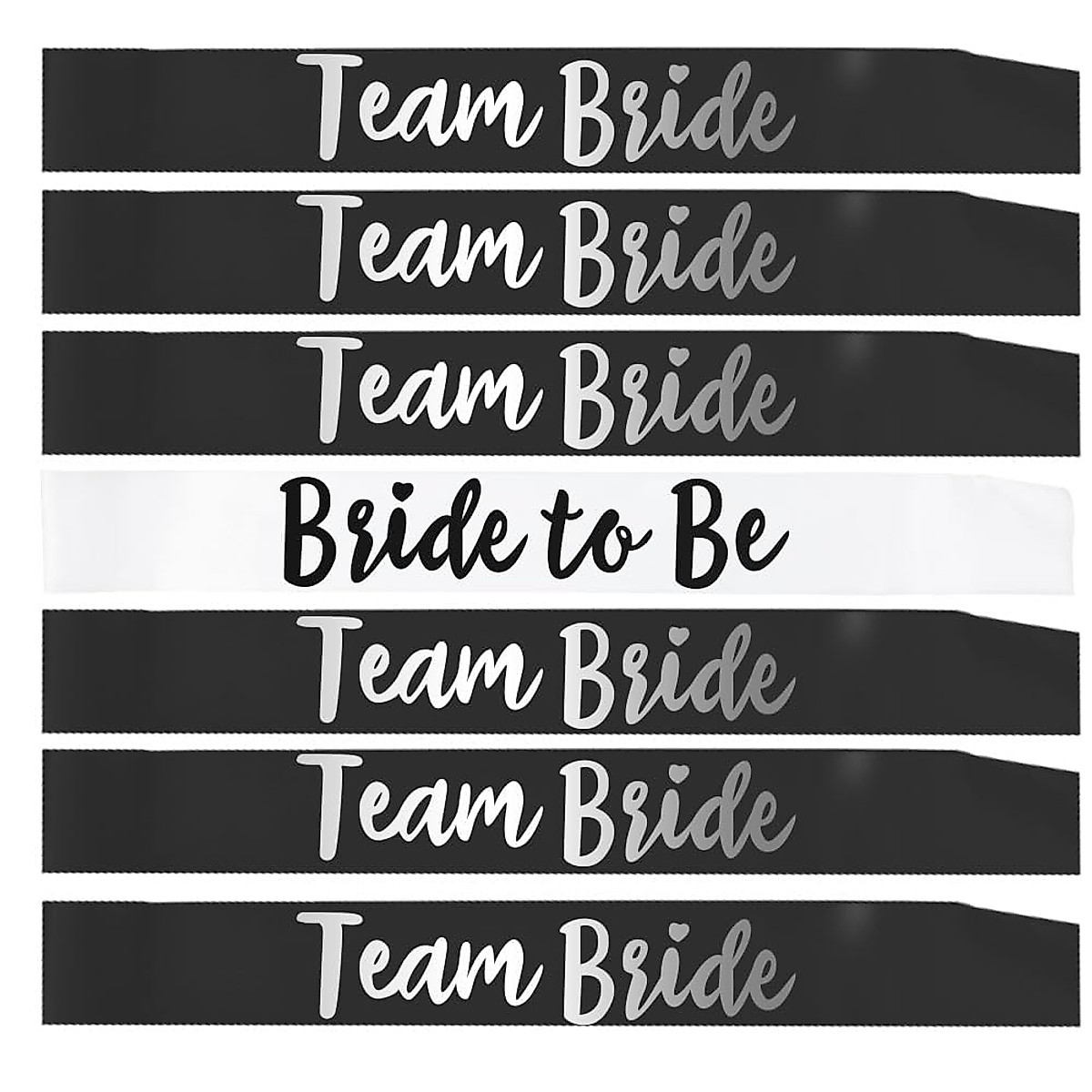 Team Bride 7pc Satin Sash Set - Sophisticated & Fun Party Favors for Bachelorette Party, Bridal Shower & Wedding Party (7pc Set, White & Black)