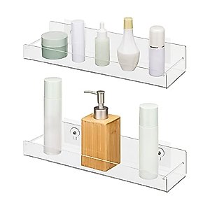Navaris Acrylic Shower Shelves - Set of 2 - No Drilling Clear Bathroom Shelves - Self Adhesive Wall Mounted Transparent Shelf - 15"x3.9"x2.7" - 2-Pack