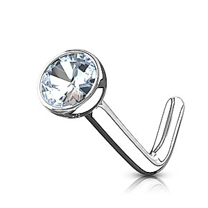 14 Karat 14K White Gold Bezel Set CZ Ball L Bend Nose Stud Ring 18G 1/4"