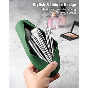 FERYES Makeup Brush Holder, Magnetic Anti-fall Out Silicon Portable Cosmetic Face Brushes Holder, Soft and Sleek Makeup Tools Organizer for Travel- Green