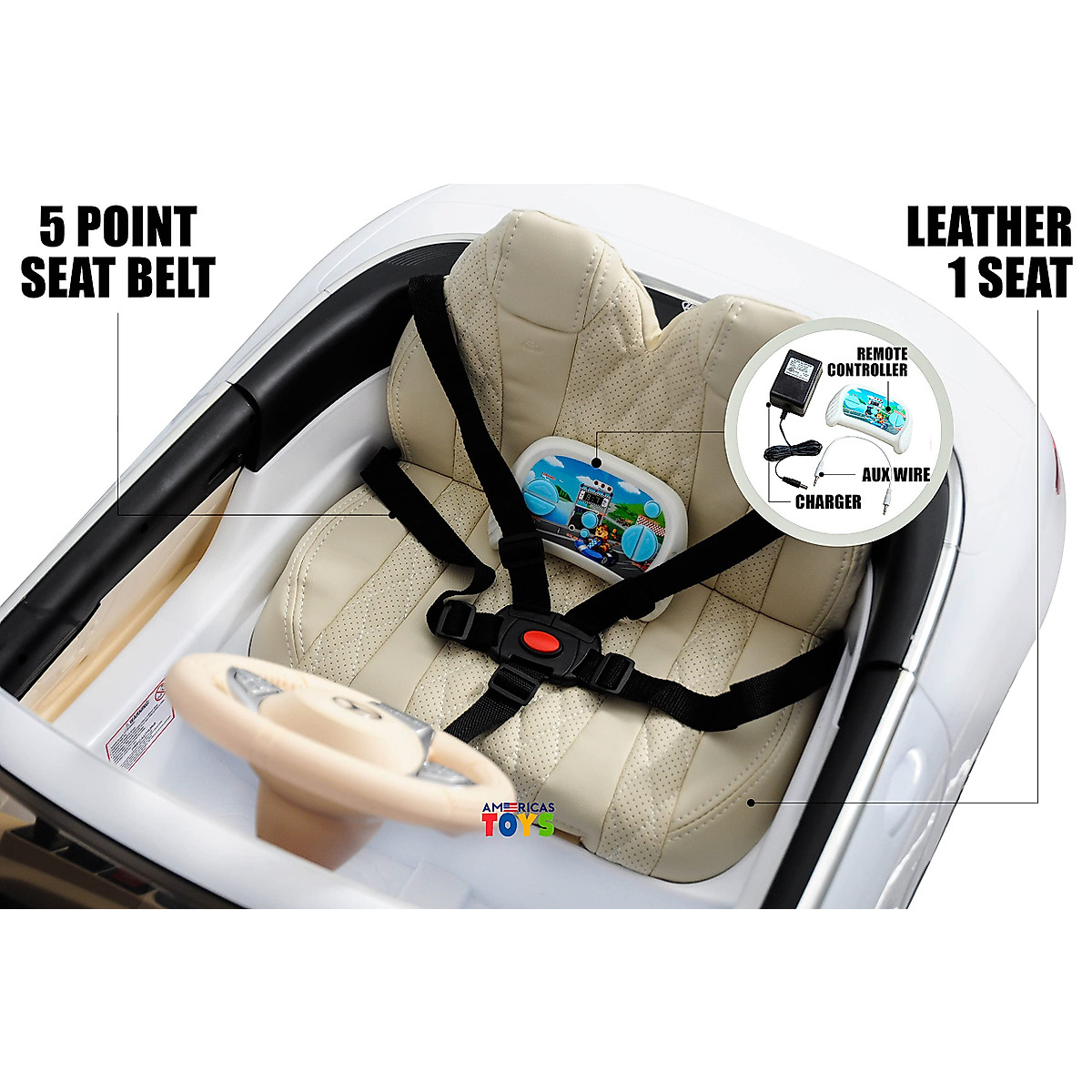 Americas Toys Car for Kids to Drive with Leather Seat, Mp4 Player, Bluetooth, Remote Control – Ride in Vehicle One Seater with Open Doors, 5 Point Safety Belt, Compatible with Mercedes Maybach White