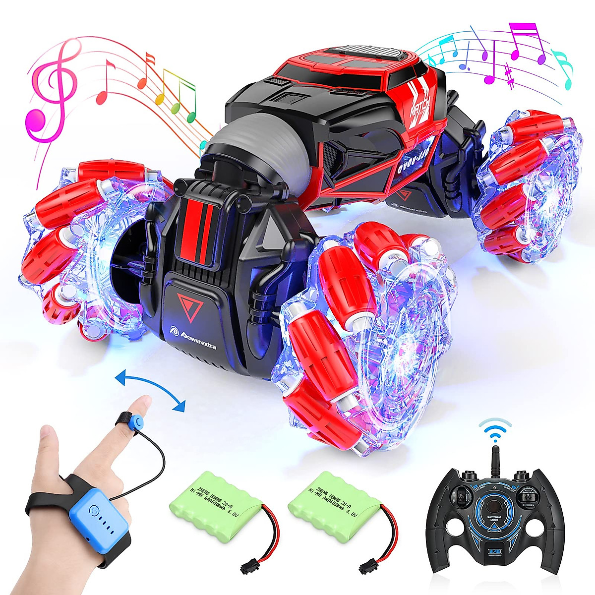Powerextra Remote Control Car, 4WD Rc Stunt Car with Light & Music, Watch Gesture Sensor Car, Double Sided Rotating Off Road 360° Flips, Toy Car for Boys & Girls - Red