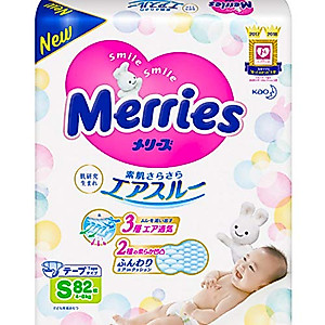 Merries Diapers Size Small (8-17 lbs) 82 Counts – Bundle with Americas Toys Wipes – Baby Diapers Tape Type Safe Materials, Indicator Prevents Leakage, Ultra-Soft for Tummy Packaging May Vary