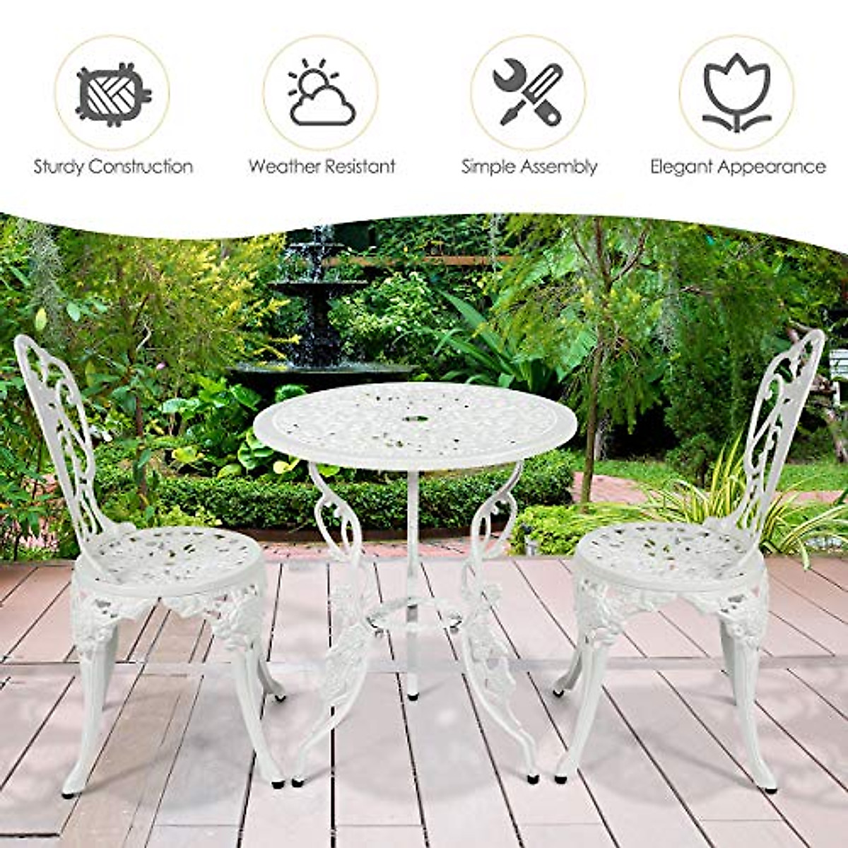 Giantex 3 Piece Bistro Set Cast Tulip Design Antique Outdoor Patio Furniture Weather Resistant Garden Round Table and Chairs w/Umbrella Hole