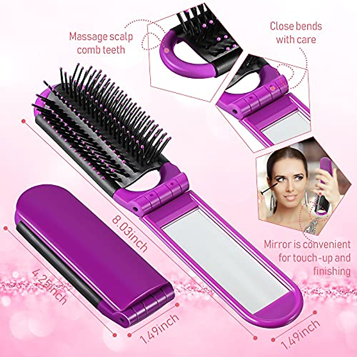 12 Pcs Travel Hair Brush Portable Folding Hair Brush with Mirror, Mini Compact Hair Comb Collapsible Pocket Brush for Family Travel Purse Gift (Purple, Pink, Blue, Green)