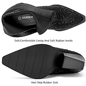 OOHRHN Women's Color Rhinestone Boots Glitter Sparkly Cowboy Booties Chunky Block Heel Pearl Detail Pointed Toe Bridal Wedding Western Ankle Boots Cowgirl Short Boots Black Stone PU Size US 8.5