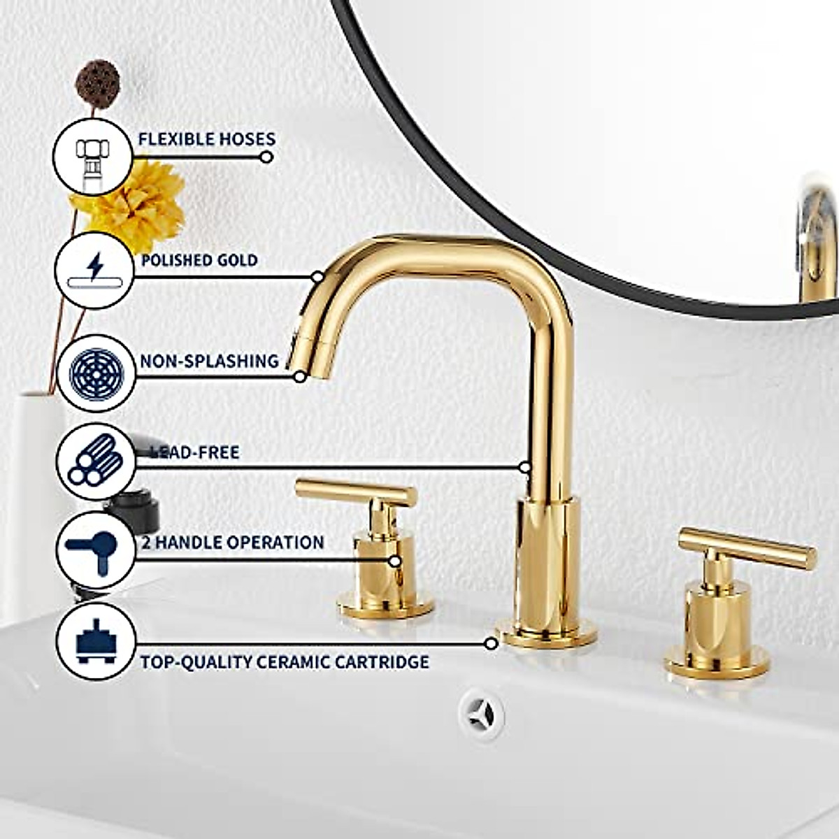 GGStudy 360° Swivel Spout Two Handles 3 Holes 8-16 inch Widespread Bathroom Sink Faucet Gold Finish Matching with Pop Up Drain