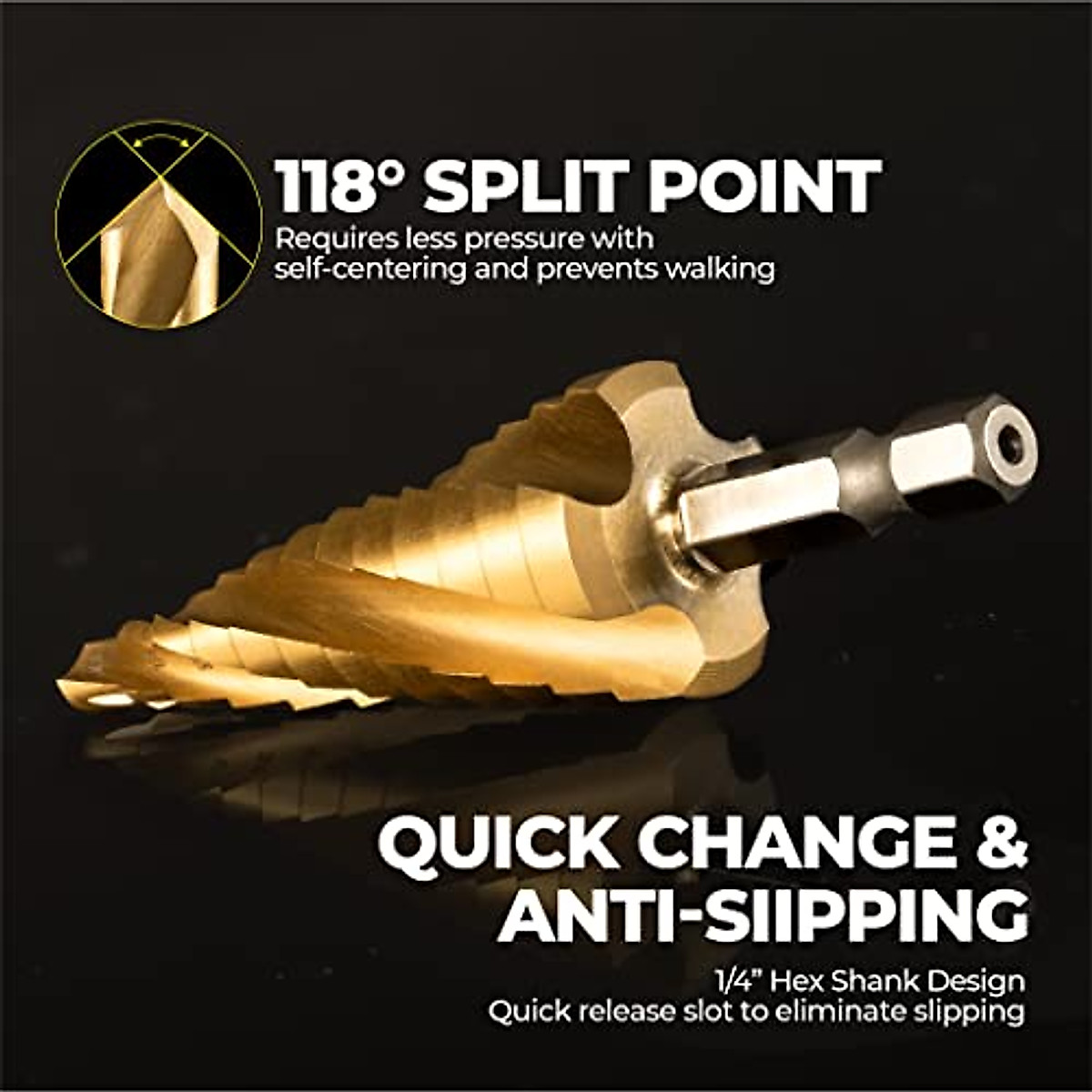 toolant Four Sprial Flute Step Drill Bit, 3/16"-7/8" Impact Ready Titanium Coated Unibit Step Bit, 1/4" Hex Shank Unibit for Metal, Stainless Steel, Aluminum, Wood, Plastic