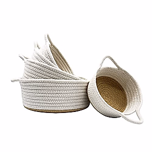 BSMstone 5-Piece Round Small Woven Baskets Set - 100% Natural Cotton Rope Baskets with HandlesKids Montessori Toys, Key Tray,Bowl for Entryway, Jewelry Remote Fruits Desk Home Decor…