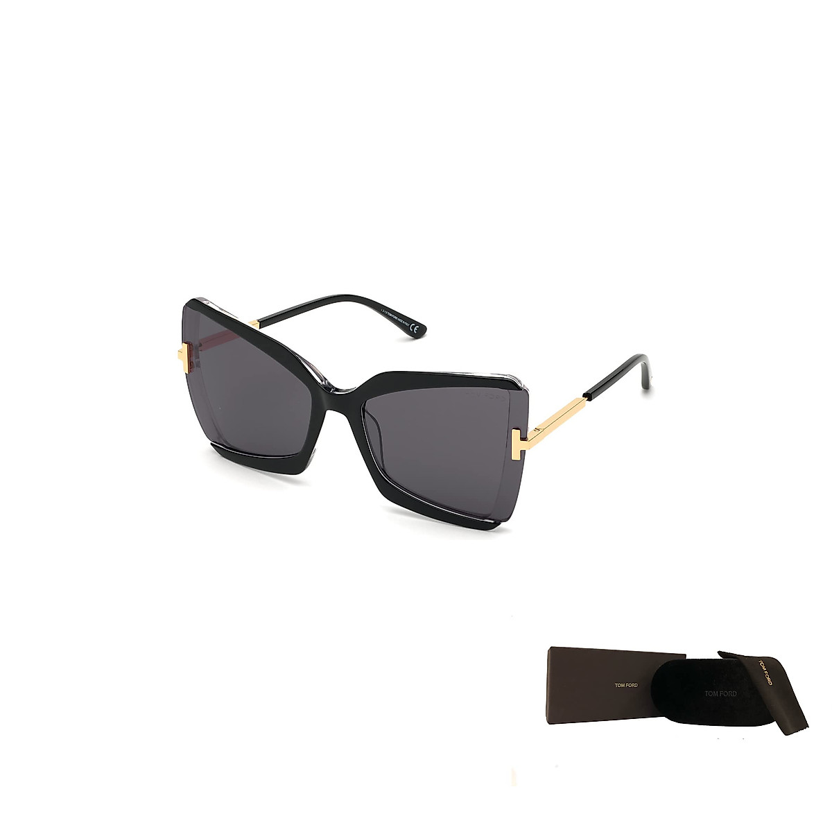 Tom Ford Gia FT0766 03A 63MM Black & Crystal W Endura Gold Temples/Grey Lenses Square Sunglasses for Women + BUNDLE With Designer iWear Eyewear Kit