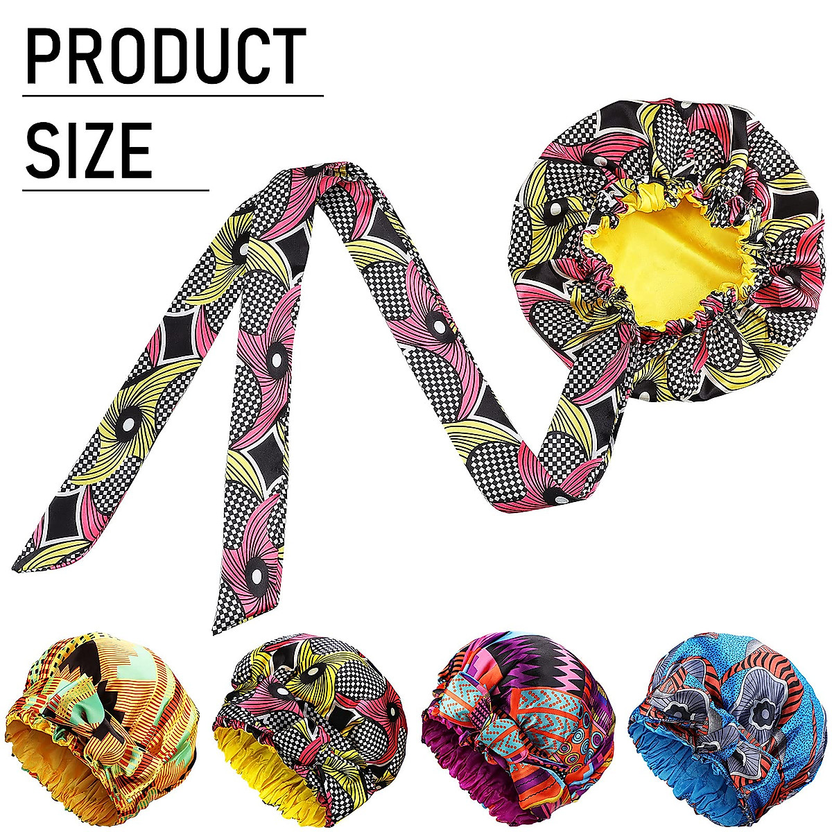 4 Pieces Kids Silk Bonnet Sleep Cap Adjustable Sleeping Cap Satin Hair Bonnet Hat Flower Night Hat Bonnet with Ties for Hair Teens Toddler Child Baby Infant (African Print) Multicoloured