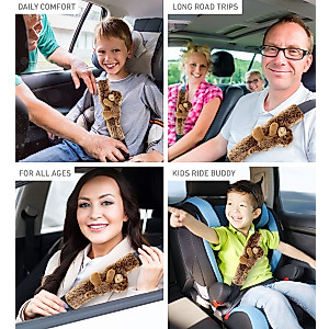 DolliBu Brown Monkey Plush Car Seatbelt Cover - Soft Fluffy Cushion Support for Safety Seat Belt Strap Cover, Decorative Wild Life Stuffed Animal Padded Toy Cute Vehicle Accessory for Kids & Adults