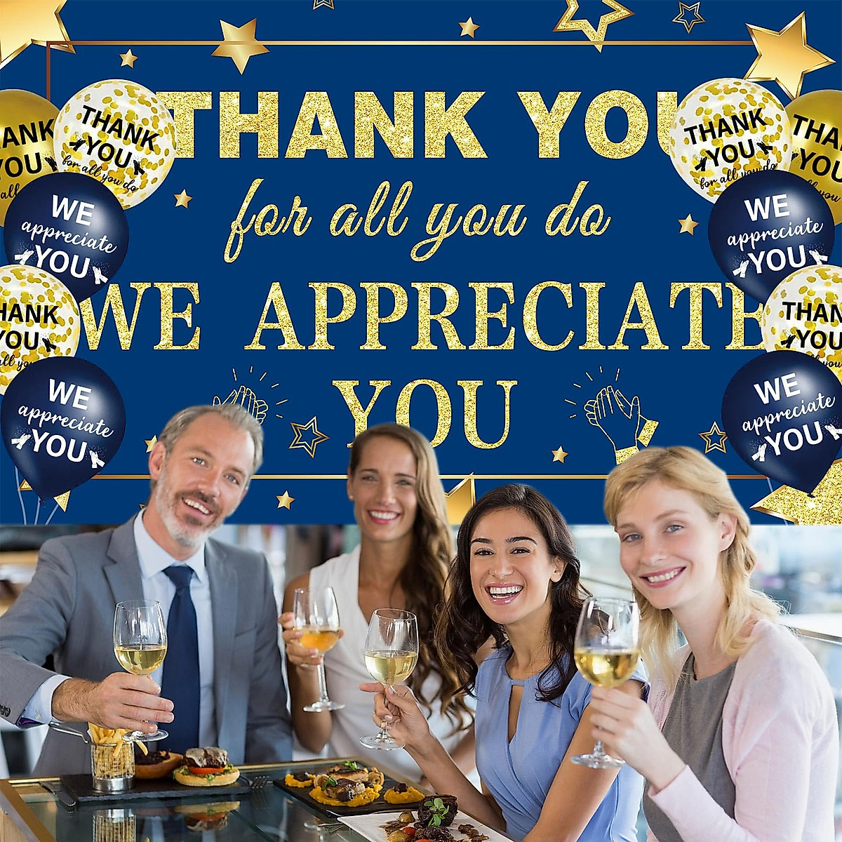 We Appreciate You Decorations Navy Blue Gold Appreciate You Banner with 18pcs Balloons Thank You Backdrop for Teacher Employee Staff Doctors Nurse Poaster Volunteer Appreciation Week Party Decor