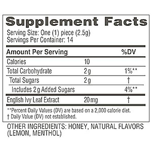 Zarbee's Naturals 96% Honey Cough Soothers + Mucus with Ivy Leaf Extract, Lemon Menthol Flavor,16.8 Oz,14 Count