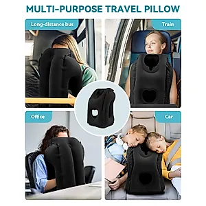 JefDiee Inflatable Travel Pillow, Airplane Neck Pillow Comfortably Supports Head and Chin for Airplanes, Trains, Cars and Office Napping with 3D Eye Mask, Earplugs and Portable Drawstring Bag (Black)