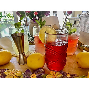 Pack of 4 Tiki Glasses 13 oz. with 1 oz. & 2 oz. Stainless Steel Japanese Jigger for Bartending - Unique Glasses for Cocktail, Juice, Lemonade, Water (Set of 4 Glassware + 1 Japanese Jigger)