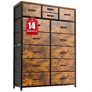 EnHomee 14 Drawer Dresser, Tall Dressers for Bedroom, Large Bedroom Dressers & Chests of Drawers, Sturdy Metal Frame & Wood Top, Easy Assembly, Closet, Living Room, Rustic Brown