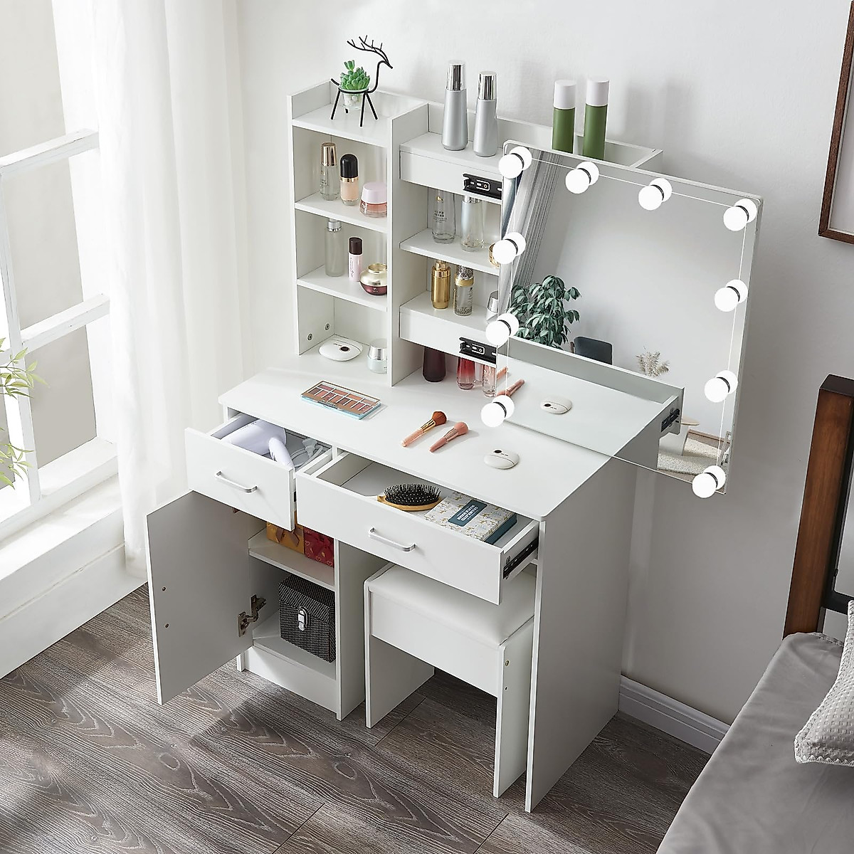 Xinhonglei Modern Makeup Vanity Desk with Lights, Vanity Table with Lighted Mirror, White Vanity Set Dressing Table with 2 Drawers and a Cabinet for Bedroom