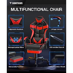 Soontrans Red Gaming Chairs with Footrest,Racing Gaming Chair,Computer Gamer Chair,Ergonomic Game Chair with Adjustable Headrest and Lumbar Support