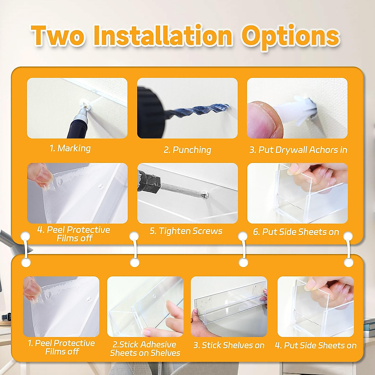 GTJ Acrylic Shelves, 4-Pack Spice Rack Wall Mount, Clear Book Shelves for Wall, Spice Organization, Vinyl Wall Mount, Cabinet, Pantry Door, Kitchen, Bedroom, Self-Adhesive and Drilling