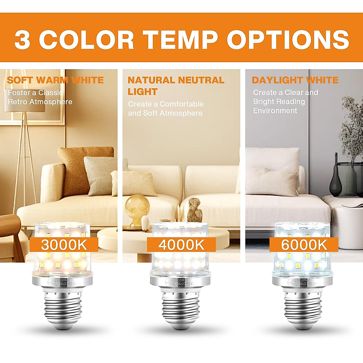 MIAOKE E26/E27 3 Way LED Bulb,10W 3 Light Mode Dimmable，900Lumen Light Bulb，Can Reduce Energy Consumption by 90%，Spiral Light Bulbs are Suitable for Bathroom，Ceiling Fan and Outdoor（4 Pack）