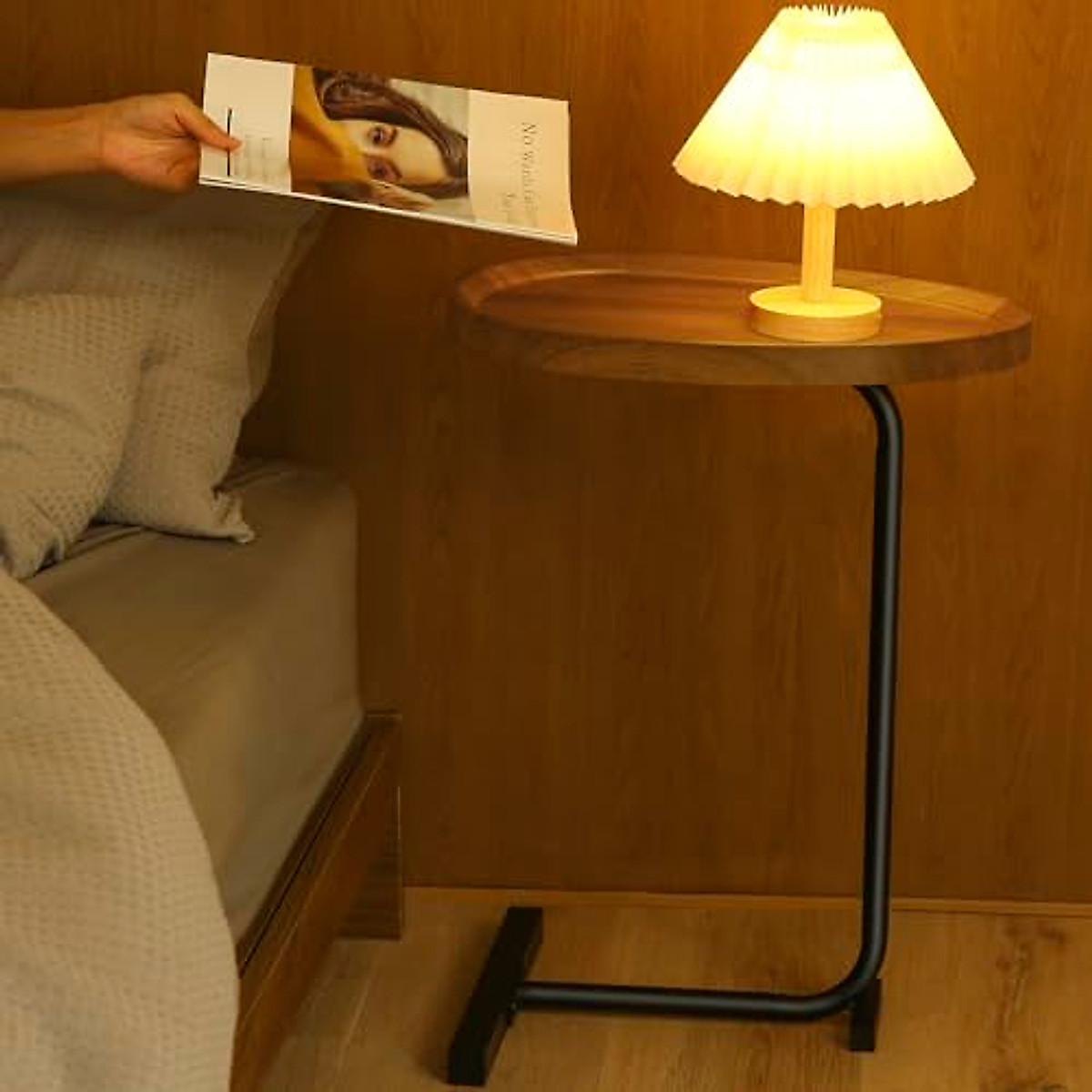 Eansstofars Small Side Table for Small Spaces, Narrow C Shaped End Table for Sofa Couch and Bed, Walnut and Black, Perfect for Indoor, Living Room, Bedroom, Bathroom