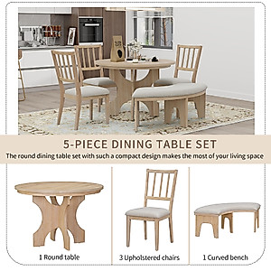 Merax 5-Piece Dining Set, 44" Round Table with Curved Bench and Side Chairs for 4-5 People, for Kitchen, Natural Wood Wash