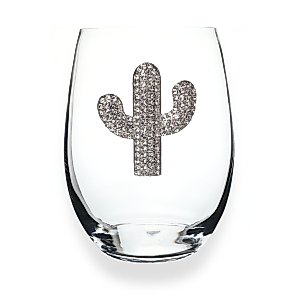 THE QUEENS' JEWELS Diamond Cactus Jeweled Stemless Wine Glass, 21 oz. - Unique Gift for Women, Birthday, Cute, Fun, Not Painted, Decorated, Bling, Bedazzled, Rhinestone