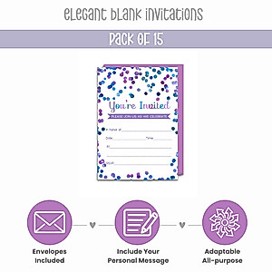 Purple Confetti Invitations with Envelopes (15 Pack) Invites for Girls Birthday, Baby Shower, Teens, Kids, Graduation, Any Party – Abstract Watercolor Dot Theme – Personalize Blank Cards 4x6 Set