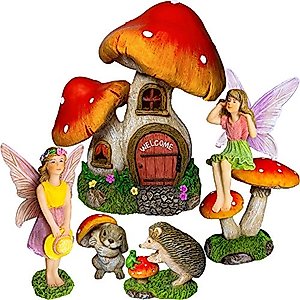Mood Lab Fairy Garden - Mushroom House Set of 6 pcs - Miniature Figurines & Accessories Kit - for Outdoor or House Decor