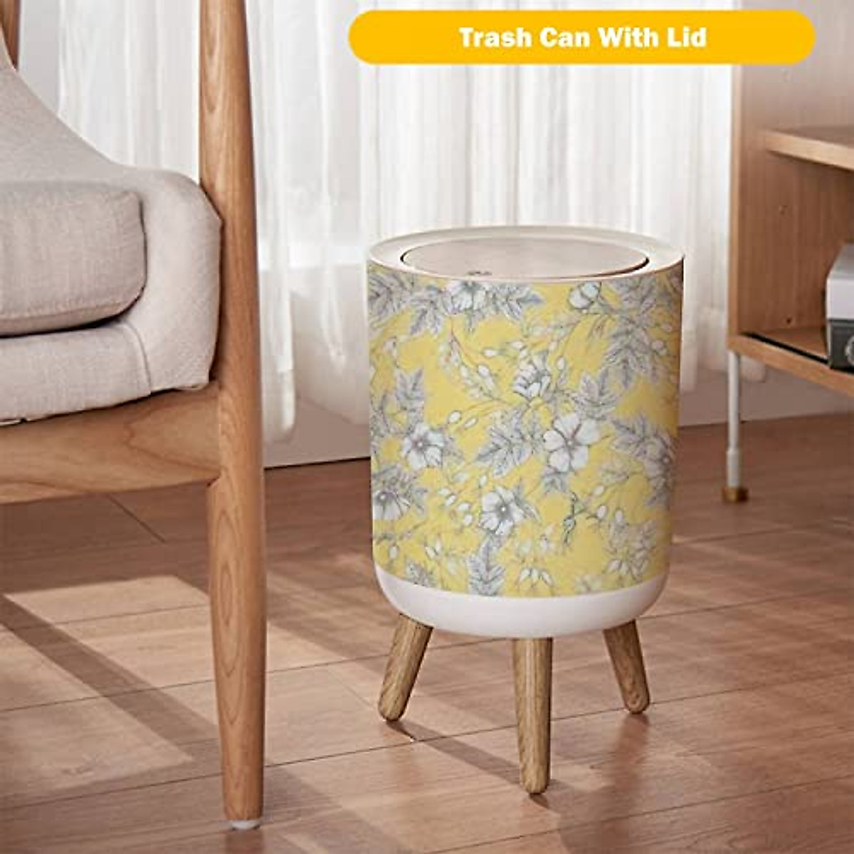 Small Trash Can with Lid Rose hips with flowers and berries seamless Graphic drawing engraving Wood Legs Press Cover Garbage Bin Round Waste Bin Wastebasket for Kitchen Bathroom Office 7L/1.8 Gallon