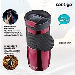 Contigo Byron Snapseal Travel Mug, Stainless Steel Thermal mug, vacuum flask, leakproof tumbler, coffee mug with BPA free Easy-Clean Lid, 470 ml, Vivacious