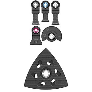 Bosch Starlock Oscillating Tool Blade Set with Case, Multitool Accessories Kit for Wood, All Purpose/Multi-Material, Drywall, Metal; and Sanding Pad for Oscillating Tool, Bundle (6-Pieces)