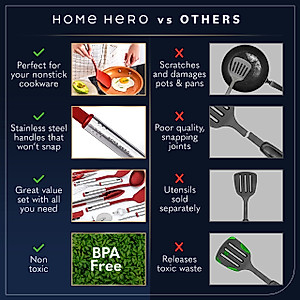 Home Hero Silicone Spatula Kitchen Utensils Set - Stainless Steel & Nylon Cooking Utensils Set - BPA Free Spatulas Silicone Heat Resistant Kitchen Gadgets Kitchen Essentials (25 Pcs - Red)