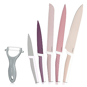 Navaris Knives and Peeler Set - 5 Stainless Steel Kitchen Knife & 1 Ceramic Blade Peeler - Pastel Colour Set with Bread Knife, Paring Knife and More