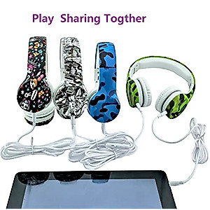 YUSONIC Kids Headphones with Graphic Design, Two Audio Port for Sharing,85 db Toddler Headphones for Kids with mic Boys Girls Baby Children Toddlers School Travel use (camo Green)