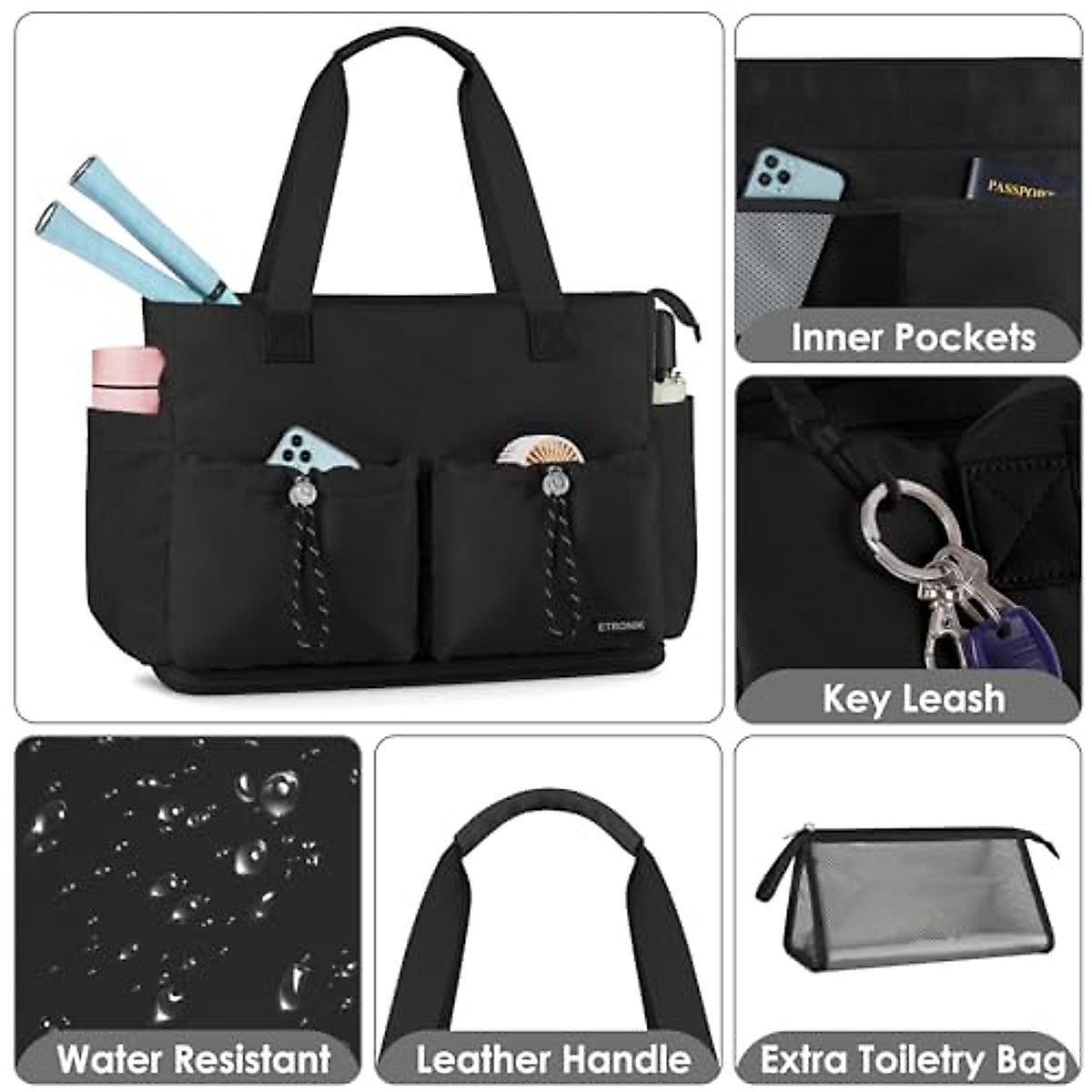 ETRONIK Weekender Bag for Women, Travel Duffel Bag with Shoes Compartment, Carry on Bags Fit 15.6" Laptop, Personal Item Bag for Airplanes, Sport Duffel Bag Overnight Bag with Toiletry Bag, Black