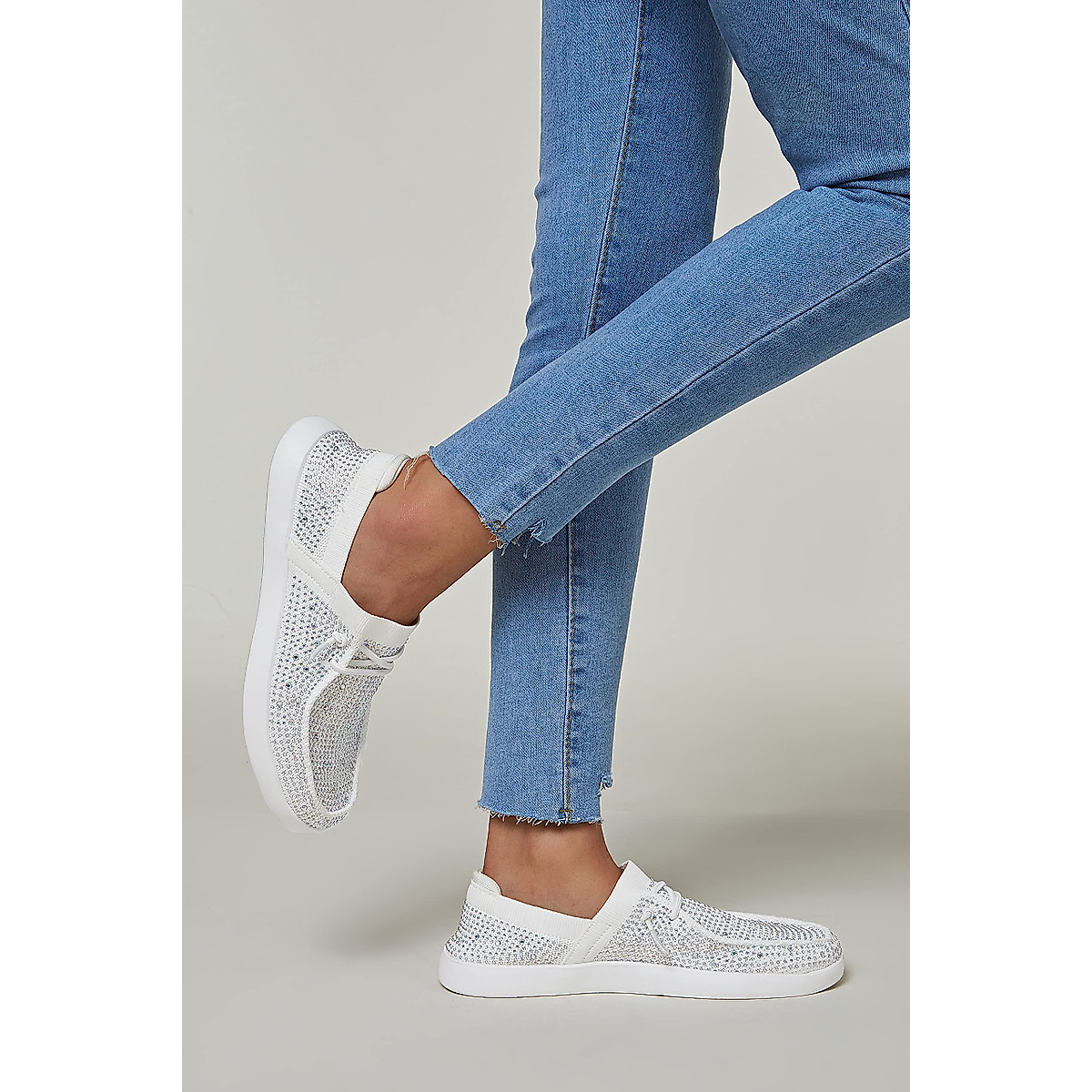 BELOS Women's Rhinestone Lace Up Loafers Shoes Comfortable Slip On Mesh Knit Walking Shoes Fashion Lightweight Sparkly Glitter Sneaker(White,8.5