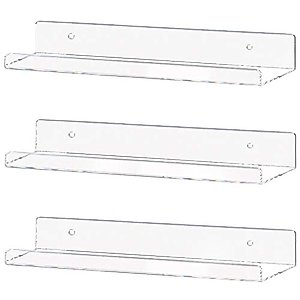 Weiai Clear Acrylic Shelf 15" Invisible Floating Wall Ledge Bookshelf, Kids Book Display Shelves Wall Mounted (15 Inch 3Pack)