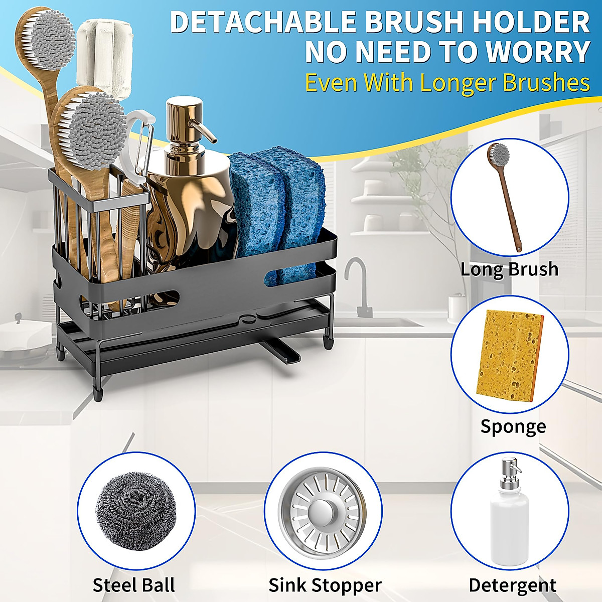 galasily Kitchen Sink Caddy Sponge Holder for Kitchen Sink with Brush Holder and Stainless Steel Self Drain Tray, Rustproof Kitchen Sink Organizer for Sponge, Kitchen Accessories (Black, Large)