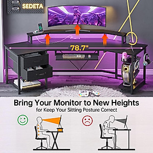 SEDETA 79" Gaming Desk, Computer Desk with 2 Fabric Drawers & LED Light, L Shaped Gaming Desk with Storage Shelf for Home Office, Carbon Fiber Black