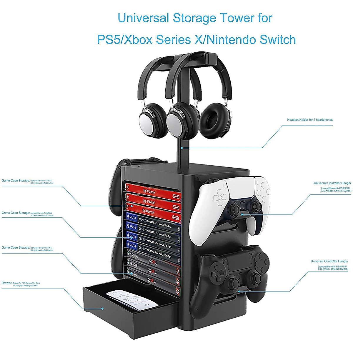 Wedorat Xbox Series X/PS5/Switch Multifunctional Game Disk Storage Tower Holder for PS5 Console, Game Disk Rack and Controller/Headset Stand Holder Compatible with Xbox Series X/Switch/PS5 Black