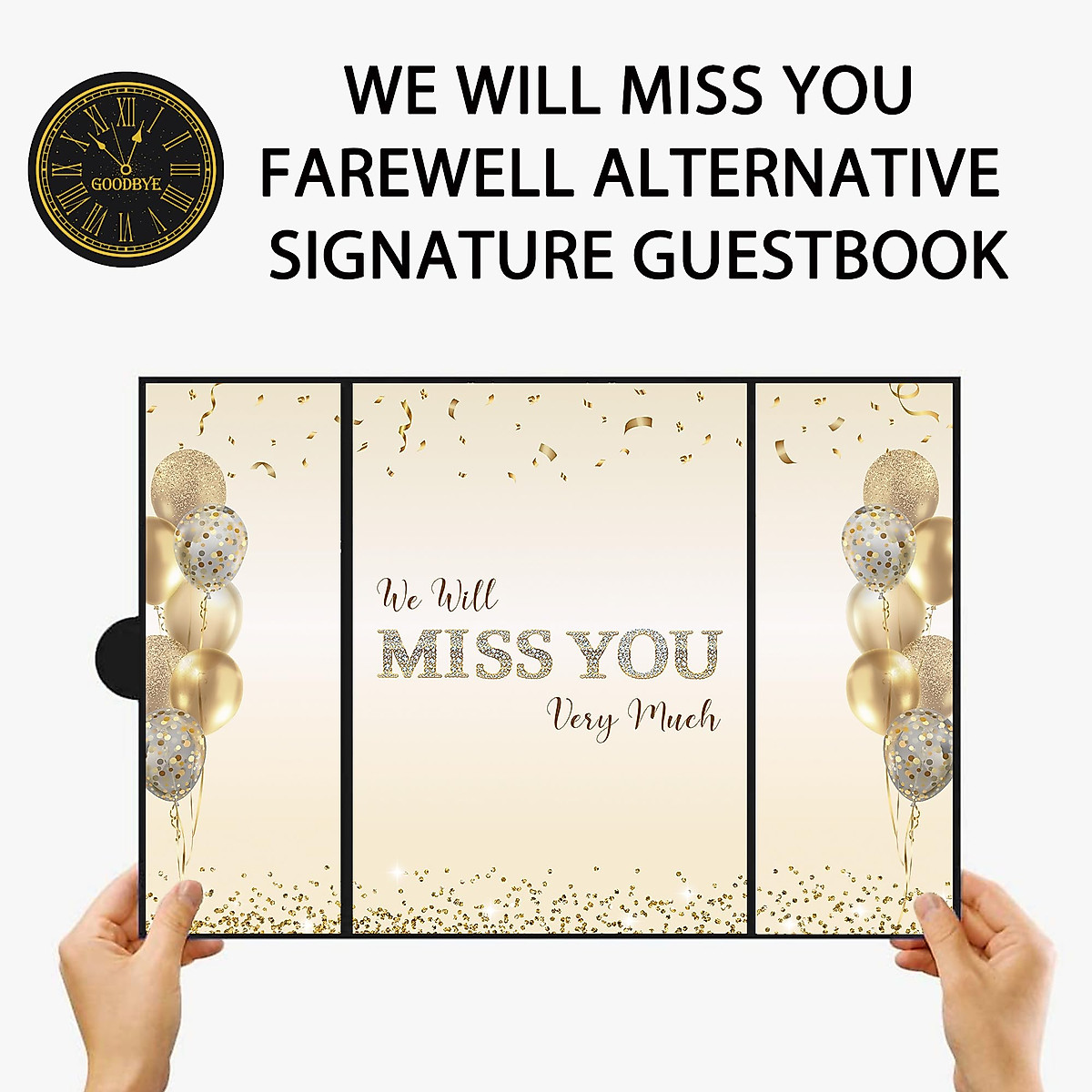 DARUNAXY Black Gold Farewell Party Decorations, We Will Miss You Very Much Alternative Signature Guest Book for Men Women Going Away Gifts Signing Card Board for Retirement Graduation Party Supplies