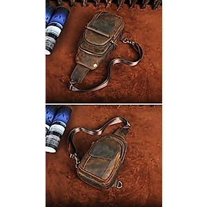 Le'aokuu Men Outdoor Casual Travel Hiking Tea Crossbody Chest Sling Bag Rig One Shoulder Strap Bag Backpack Men Leather (A 8013 Dark Brown)