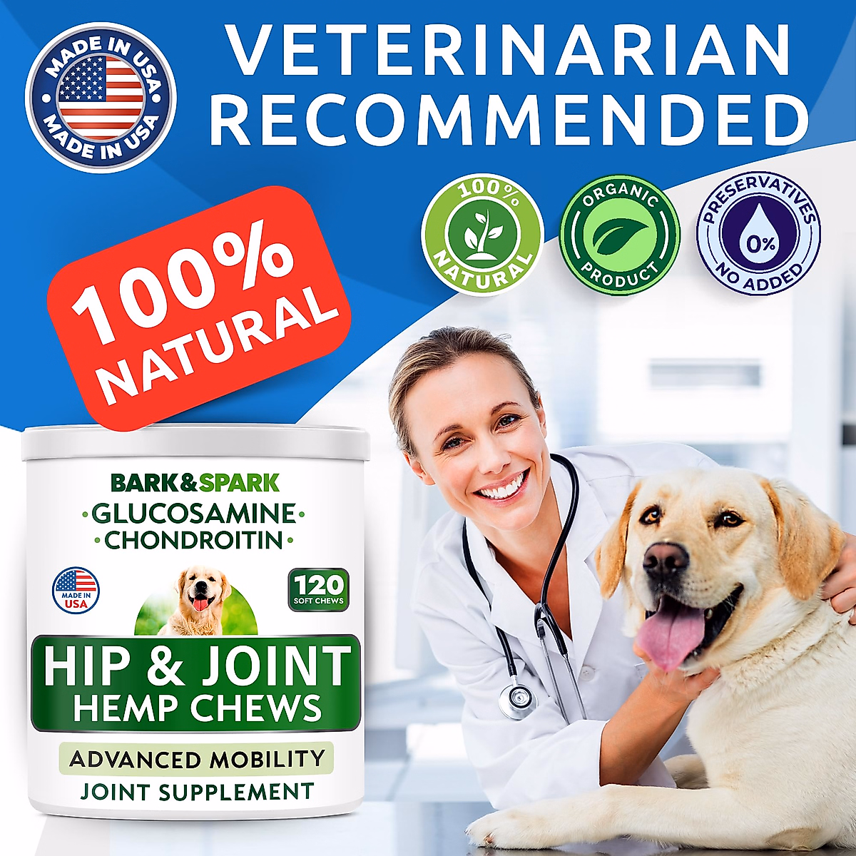 Bark&Spark Advanced Hemp Chews for Dog Joint Pain Relief - Glucosamine Chondroitin Hemp Treats Hip Joint Health - Joint Supplement Large Breed & Small - Hemp Treats Joints Old Senior Dog (120Ct/Bacon)