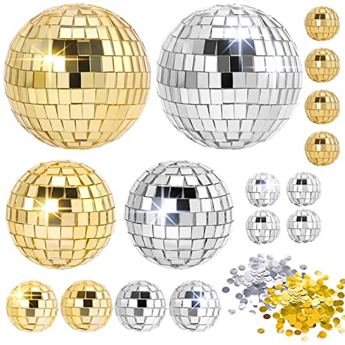 Ayfjovs 18 PCS Disco Ball Cake Decoration Disco Ball Cake Toppers Disco Table Decoration Cake Centerpiece with Confetti Decor 70s Disco Themed Cake for Birthday Theme 70s Party Supplies(Silver&Gold)
